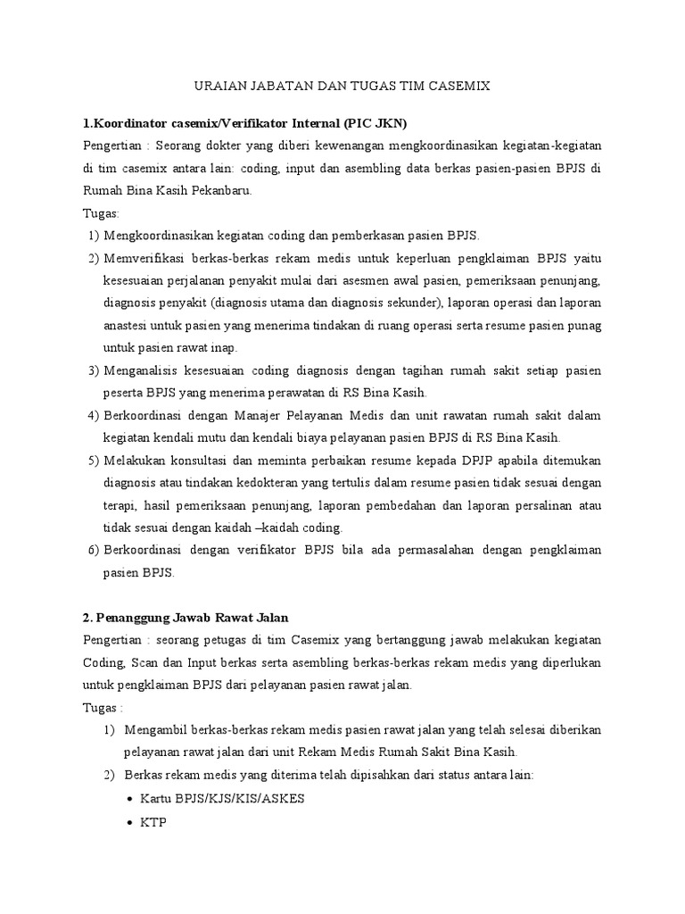 URAIAN JABATAN DAN TUGAS TIM CASEMIX Revisi | PDF