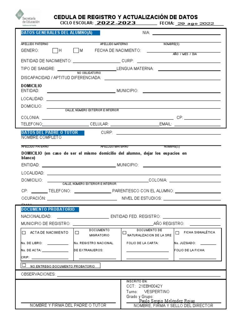 Cedularegistrodatosalumno 2022-2023 | PDF | Gobierno | Aplicaciones de ...