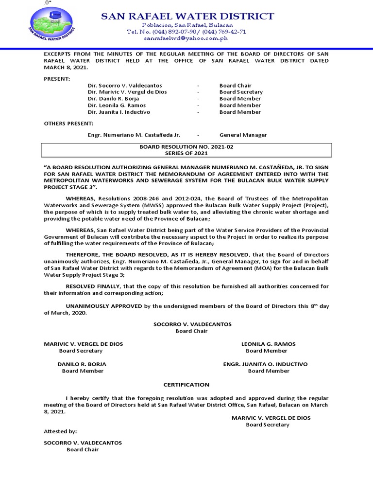 Resolution 2021-02 (MOA With Bulacan Bulk) | PDF | Water Supply | Water And Politics