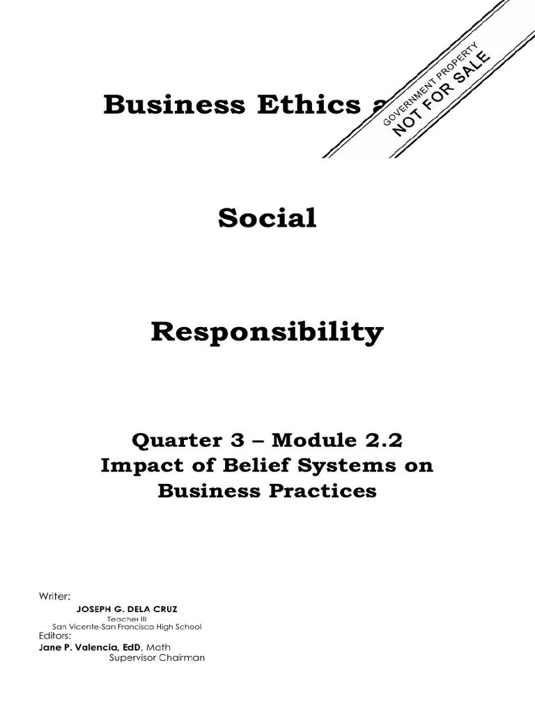 ABM BUSINESS ETHICS and SR Module 2.2 Lesson 5 Impact of Belief System ...