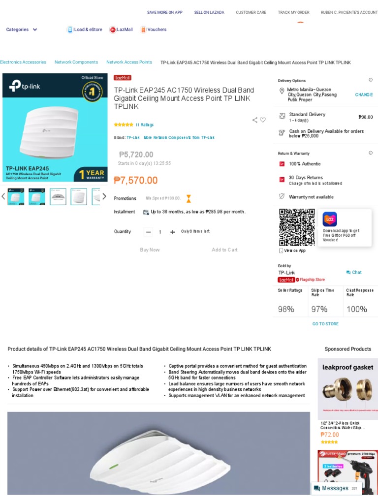 TP-Link EAP245 AC1750 Wireless Dual Band Gigabit Ceiling Mount Access Point TP LINK TPLINK ...