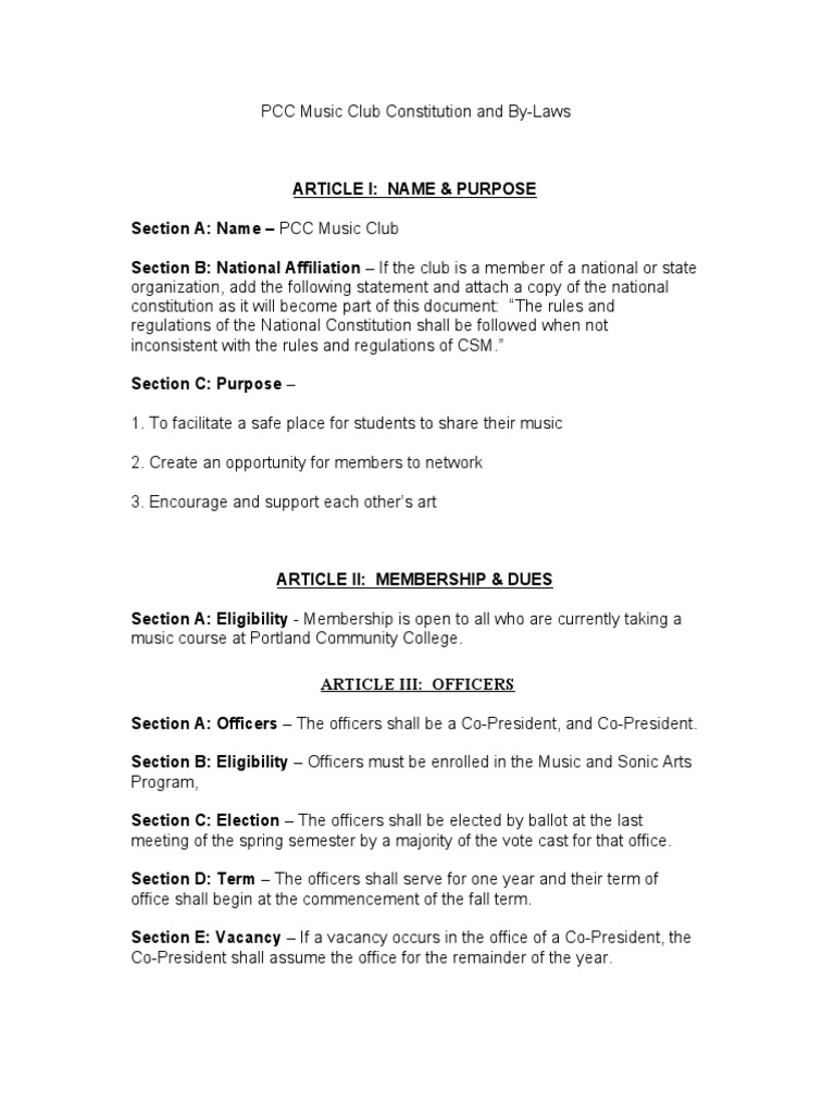 PCC Music Club Bylaws | PDF | Committee | By Law