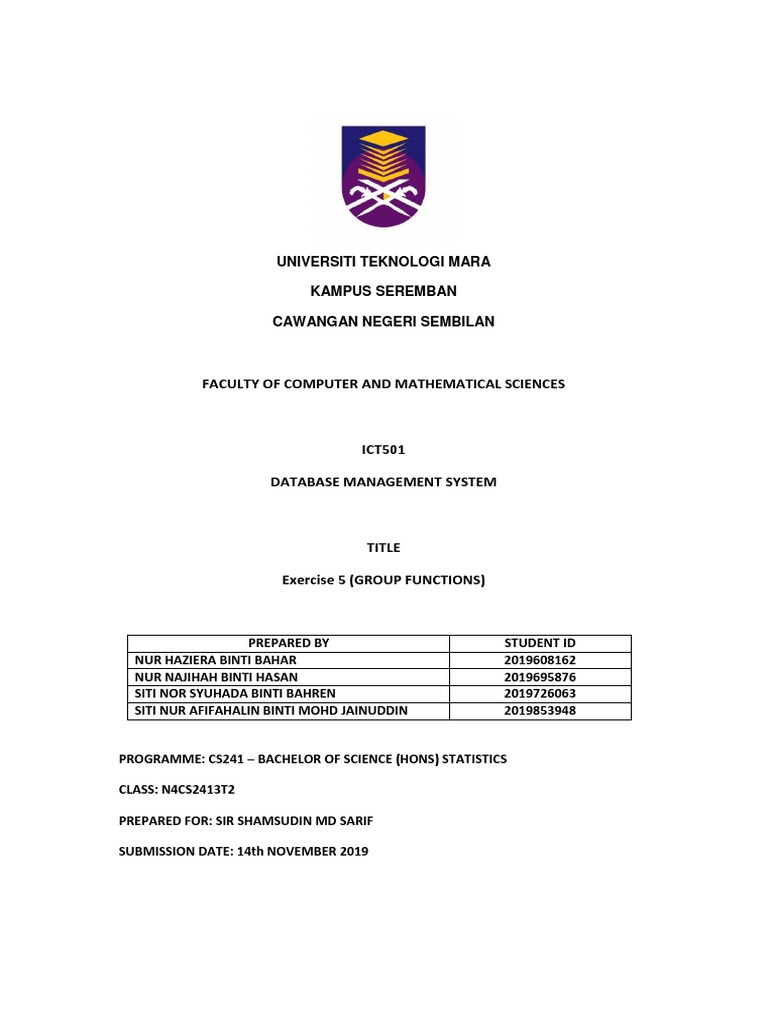 ICT501 Exercise 5 Group Functions (NEW) | PDF