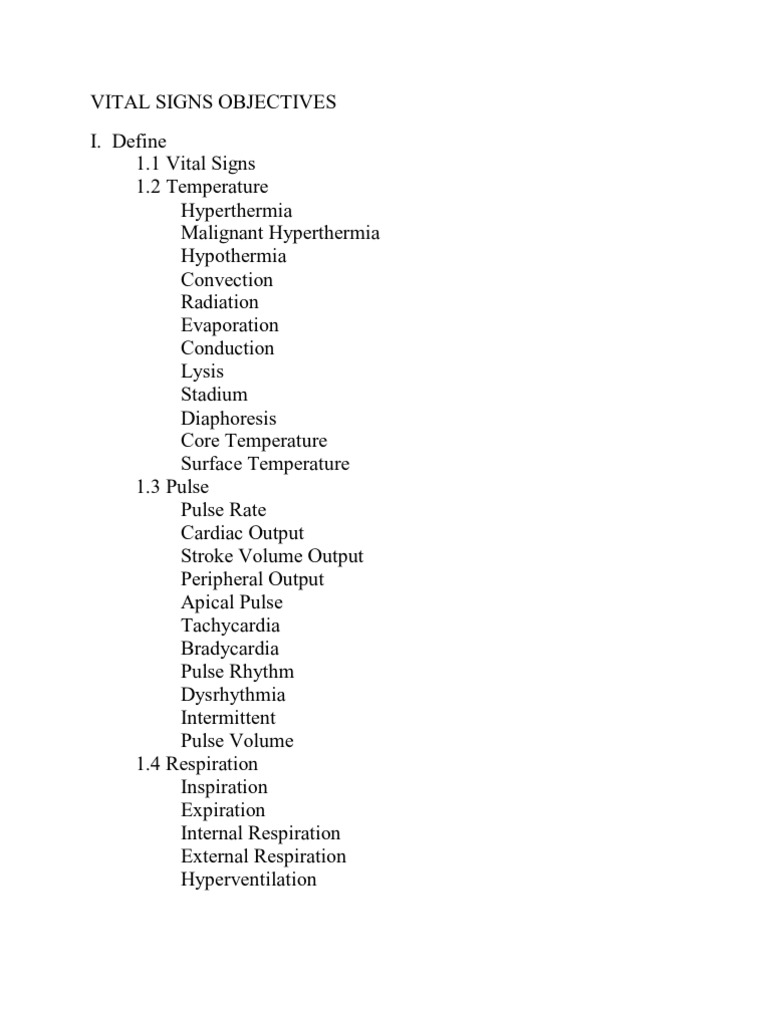 Vital Signs Objectives | PDF | Blood Pressure | Pulse