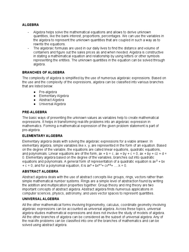 Types of Algebra | PDF | Equations | Variable (Mathematics)