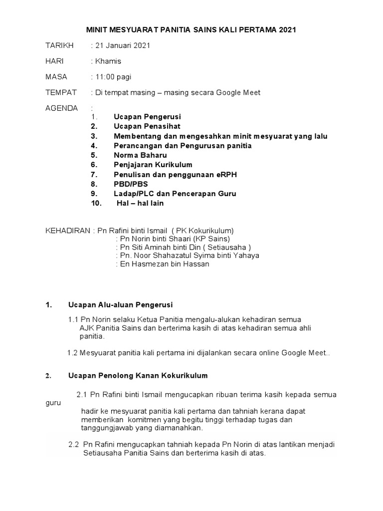 Minit Mesyuarat Panitia Sains Kali Pertama 2021 Kak Siti | PDF