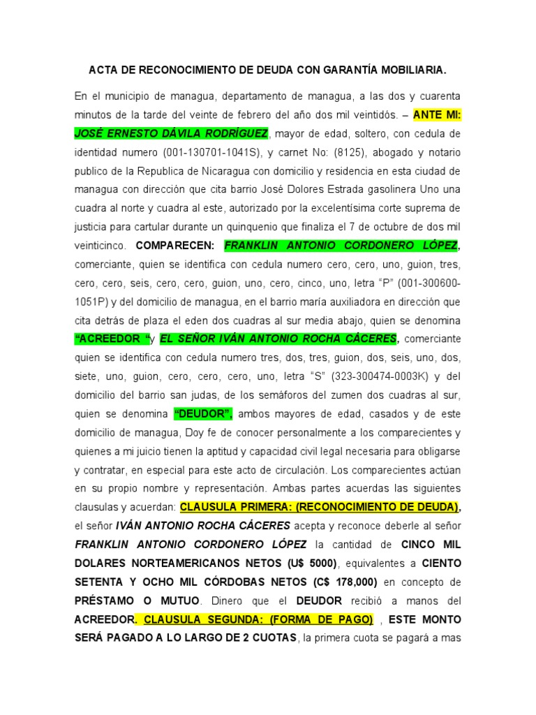 Acta de Reconocimiento de Deuda | Descargar gratis PDF | Pagos