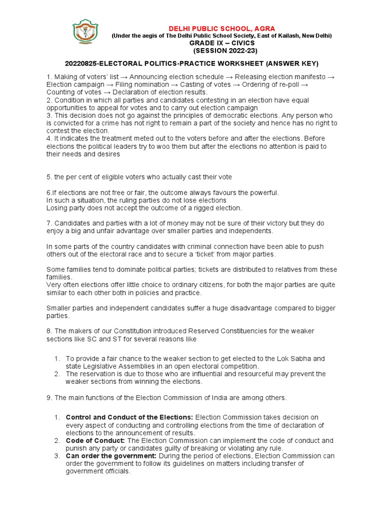 Ans Electoral Politics Practice Worksheet | PDF | Elections | Voting