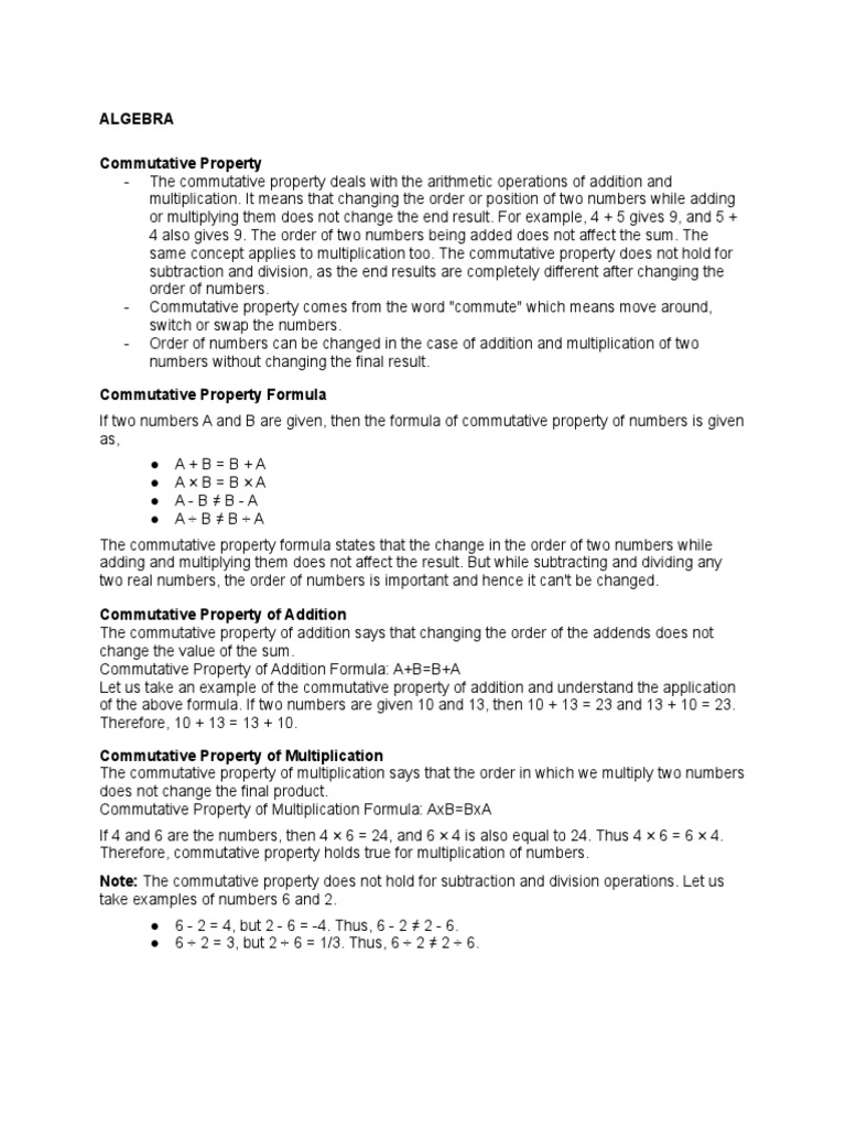 Commutative Property of Algebra | PDF