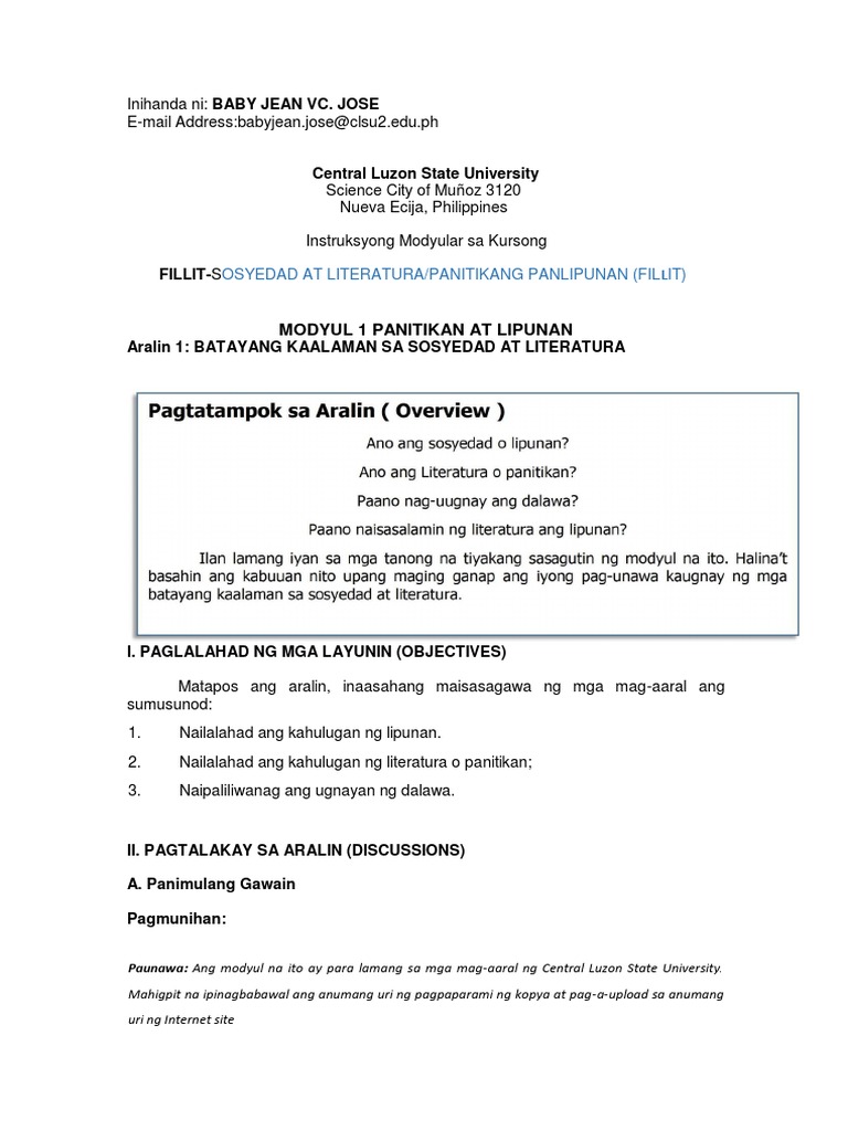 FILLIT 1120 - Modyul 1 - Aralin1 - Panitikan at Lipunan - Updated | PDF