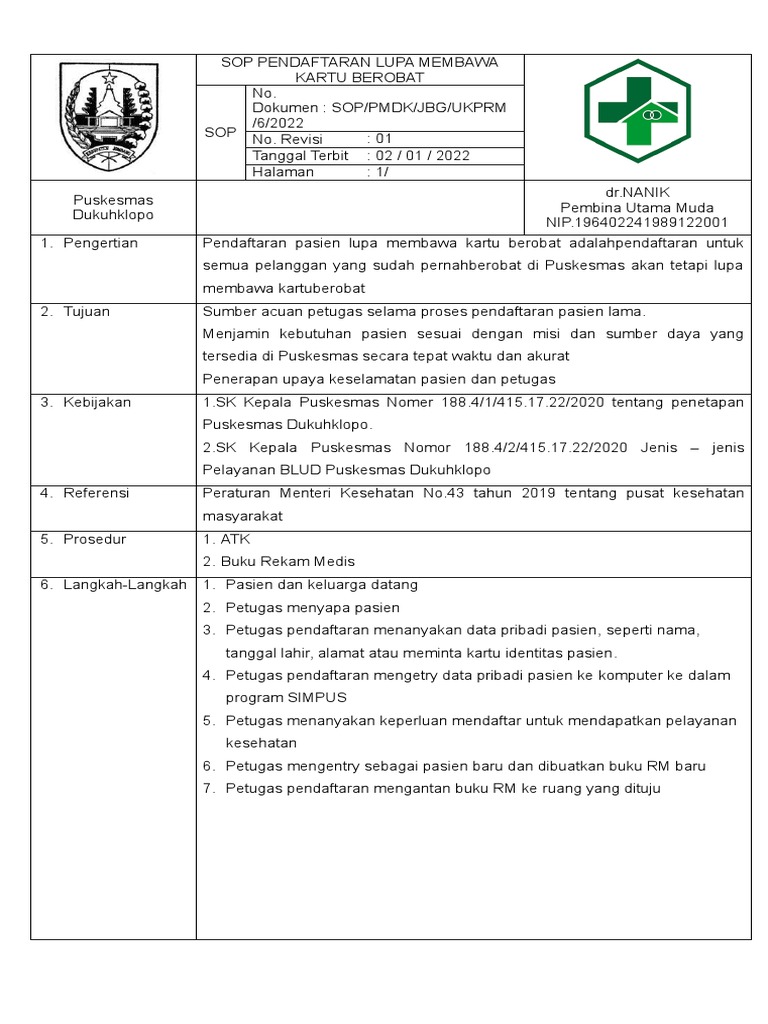 6.SOP Pendaftaran Lupa Membawa Kartu Berobat | PDF