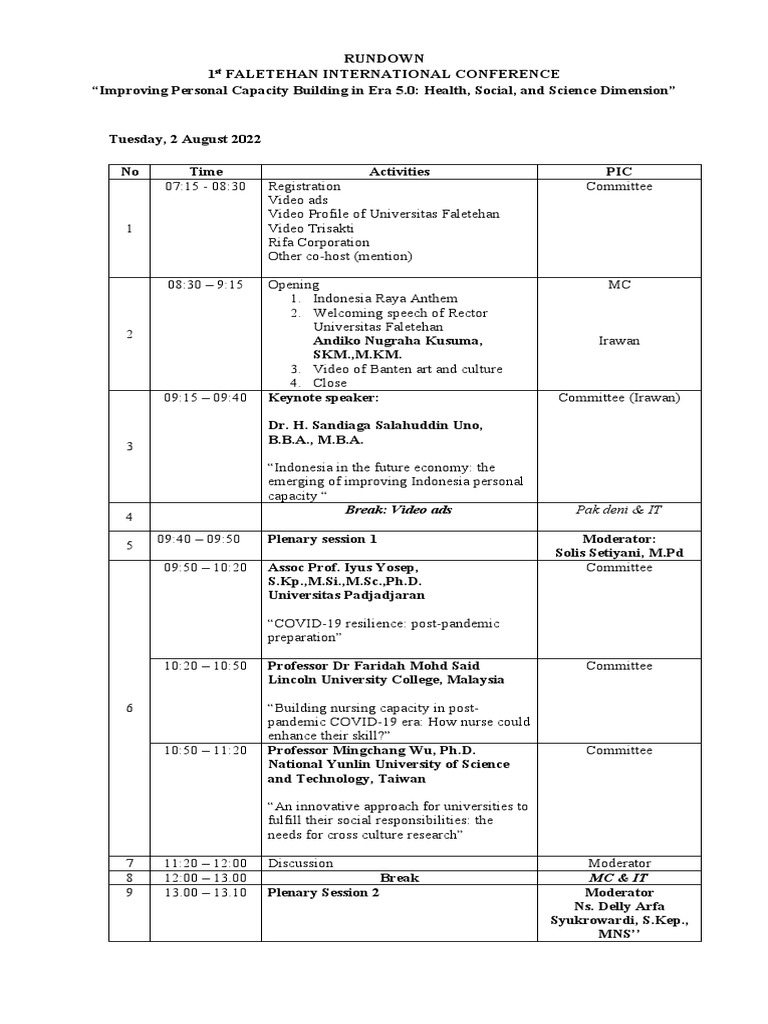 Rundown Per 1 Agts 8.50 International Conference | PDF | Health Sciences