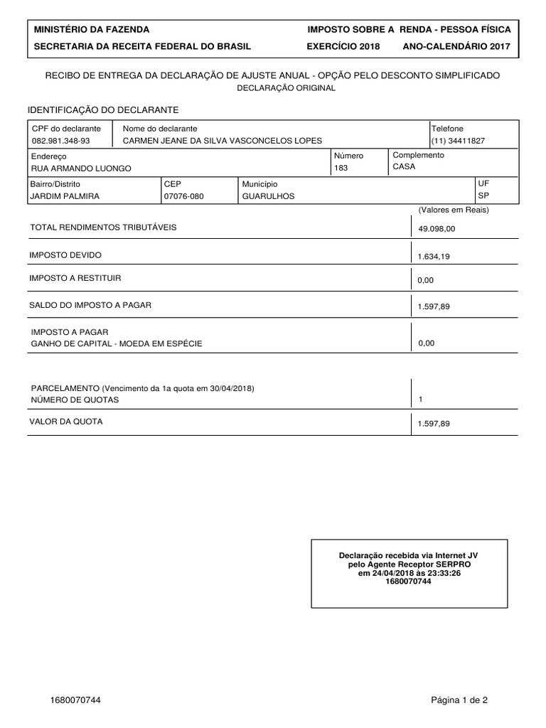 IRPF 2018 2017 Origi Imagem Recibo | PDF | Imposto de Renda | Impostos
