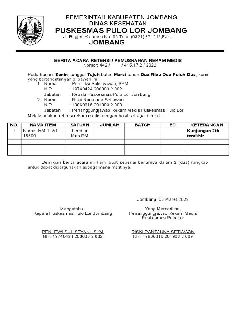 Berita Acara Retensi Rekam Medis Puskesmas | PDF