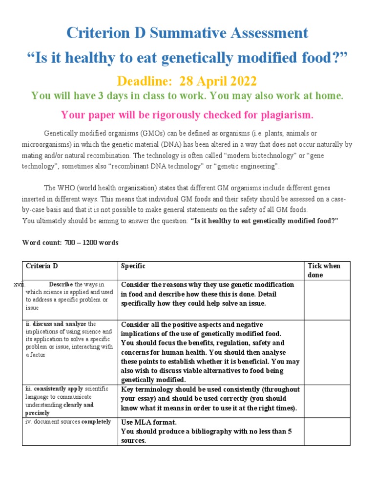 Criterion D Genetically Modified Food Summative Assessment | PDF ...