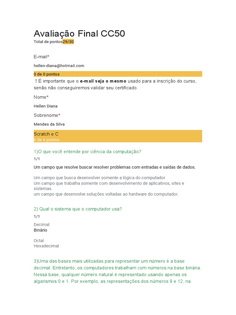 Avaliação Final CC50 29/30 pontos | PDF | Armazenamento de dados de ...