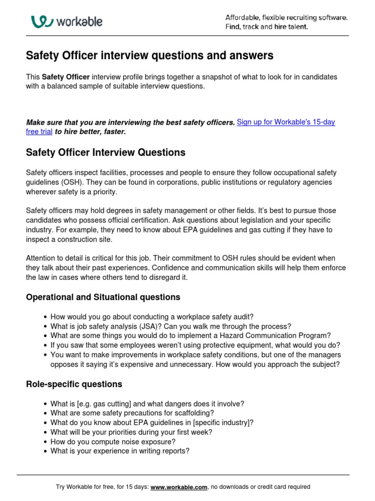 Safety Officer Interview Questions | PDF | Occupational Safety And ...