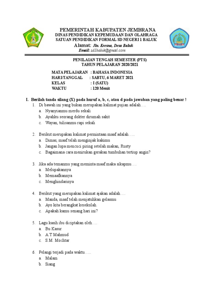 PTS Bahasa Indonesia Kelas 1 SD Negeri 1 Baluk | PDF