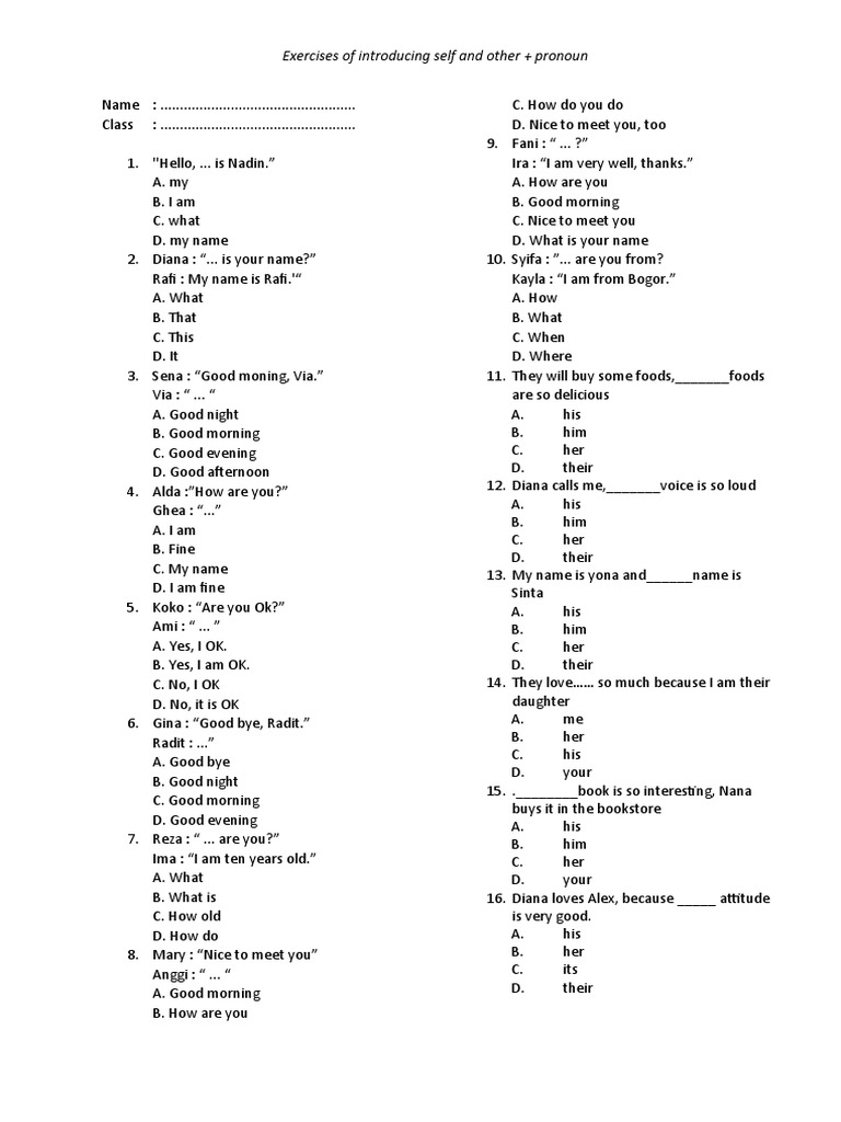 Latihan Self Introducing Pronoun Kelas X Pdf