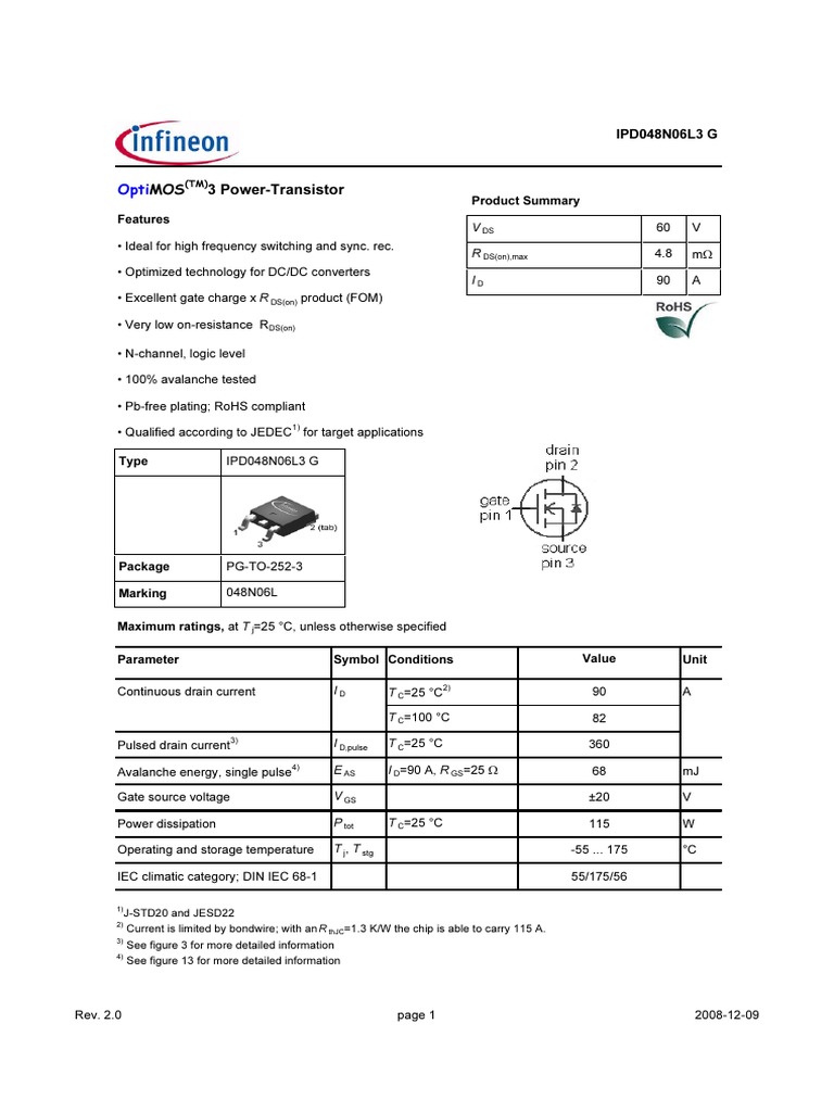 Infineon IPD048N06L3 DS v02 00 en | PDF