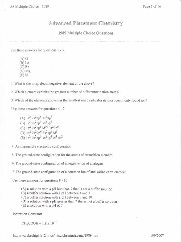 Multiple Choice - Advanced Placement Chemistry Practice Questions | PDF ...