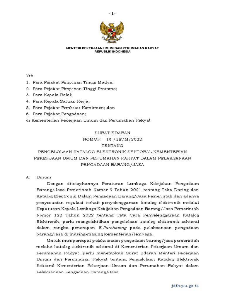 SE PUPR No.18 Tahun 2022 - Pengelolaan Katalog Elektronik Sektoral Kementerian PUPR Dalam ...
