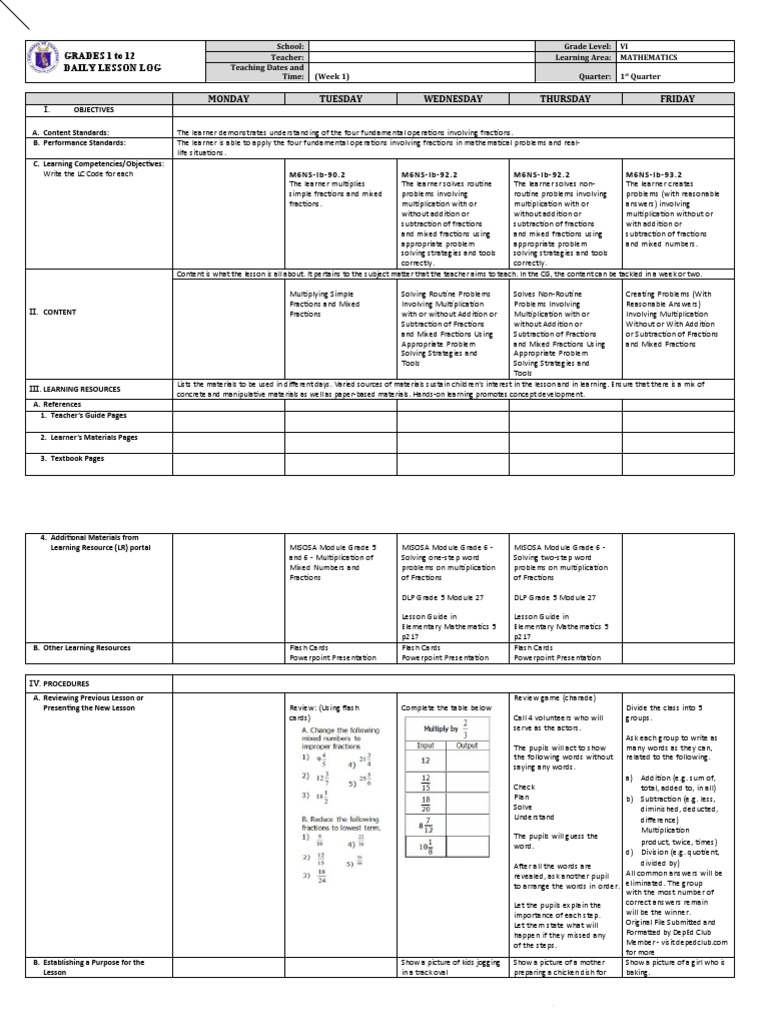 DLL Mathematics-6 Whole-Year | PDF | Multiplication | Learning