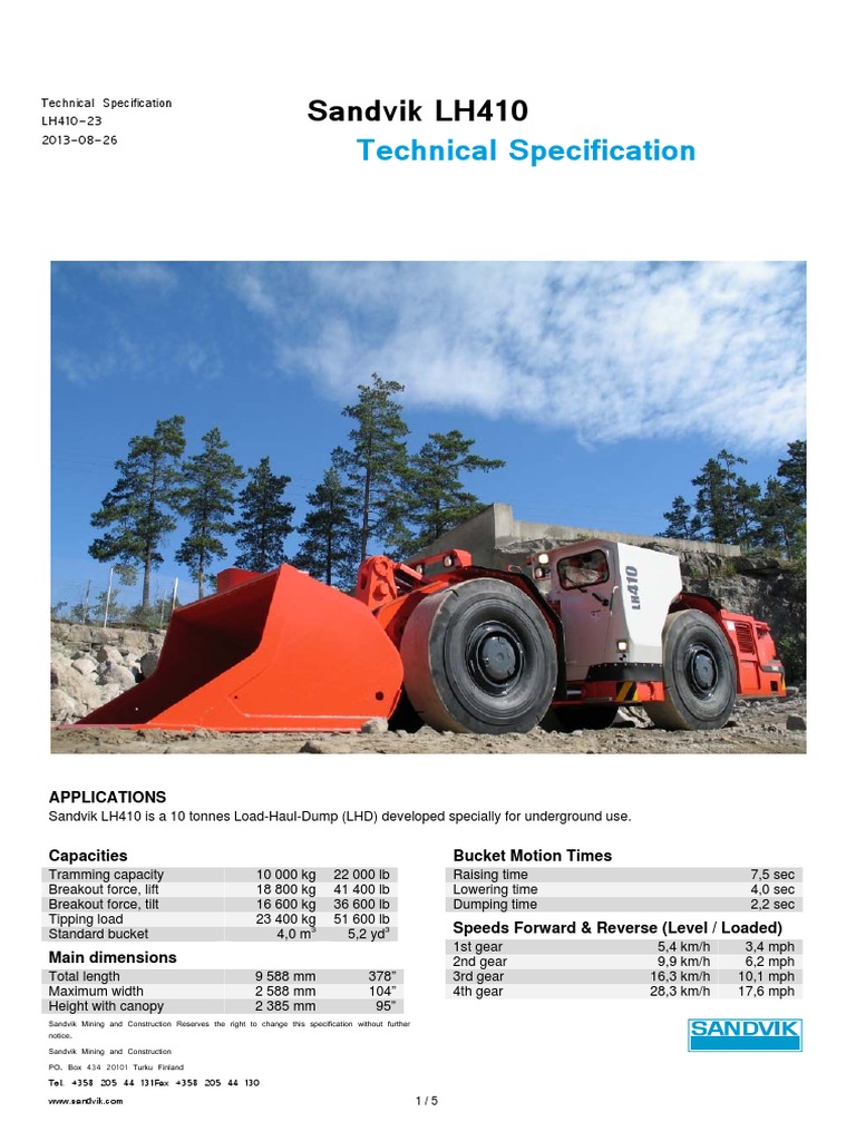 SANDVIK - LOADER - LH410-23, Technical Specification Sheet | PDF | Brake | Axle