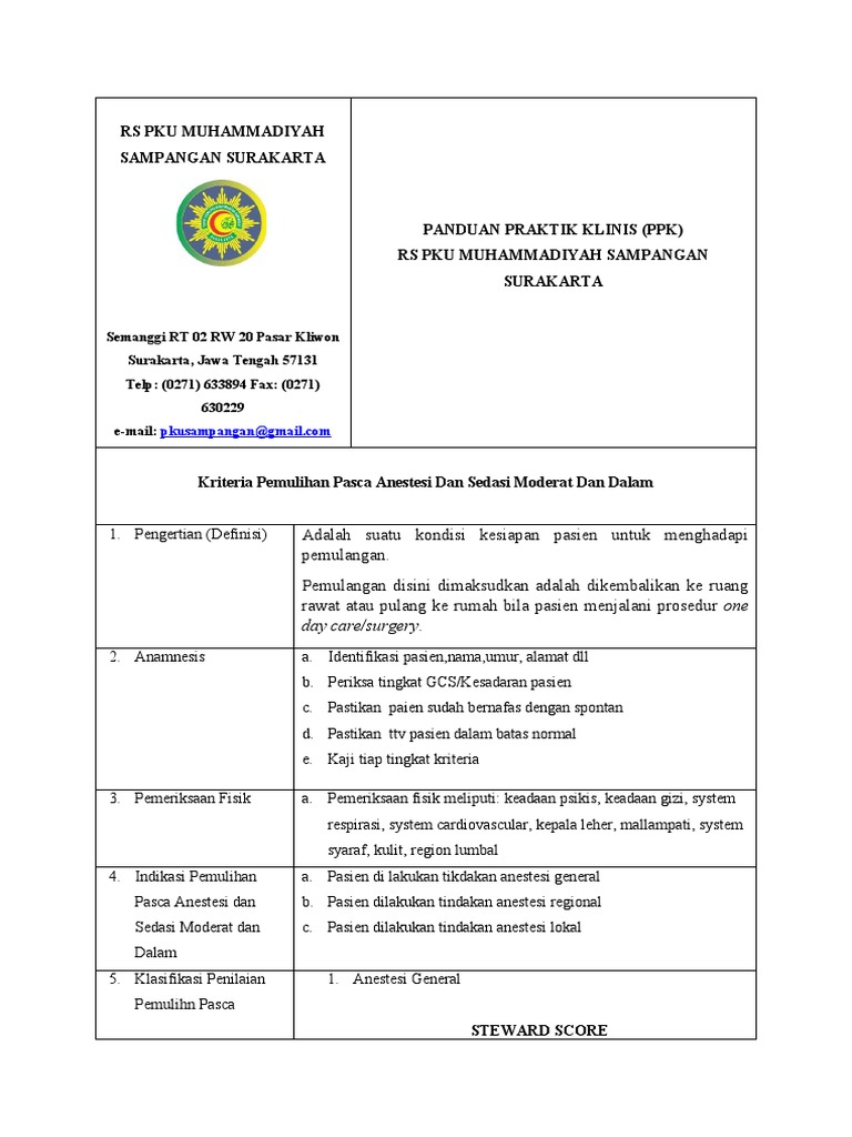 PPK Kriteria Pemulihan Pasca Anestesi | PDF