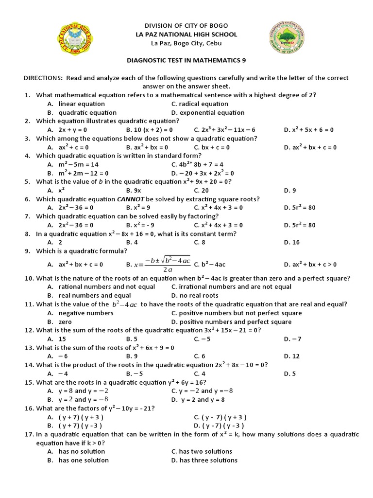 DIAGNOSTIC TEST-math9 | PDF | Quadratic Equation | Equations