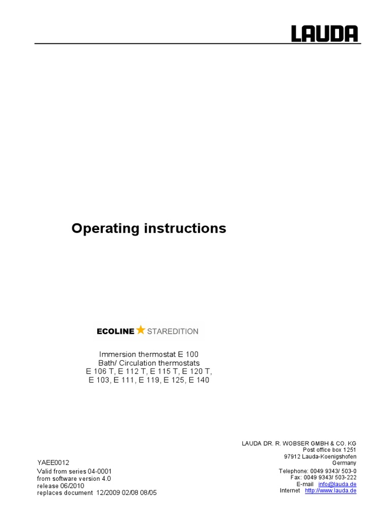 Lauda E100 Immersion Thermostat Manual | PDF | Thermostat ...