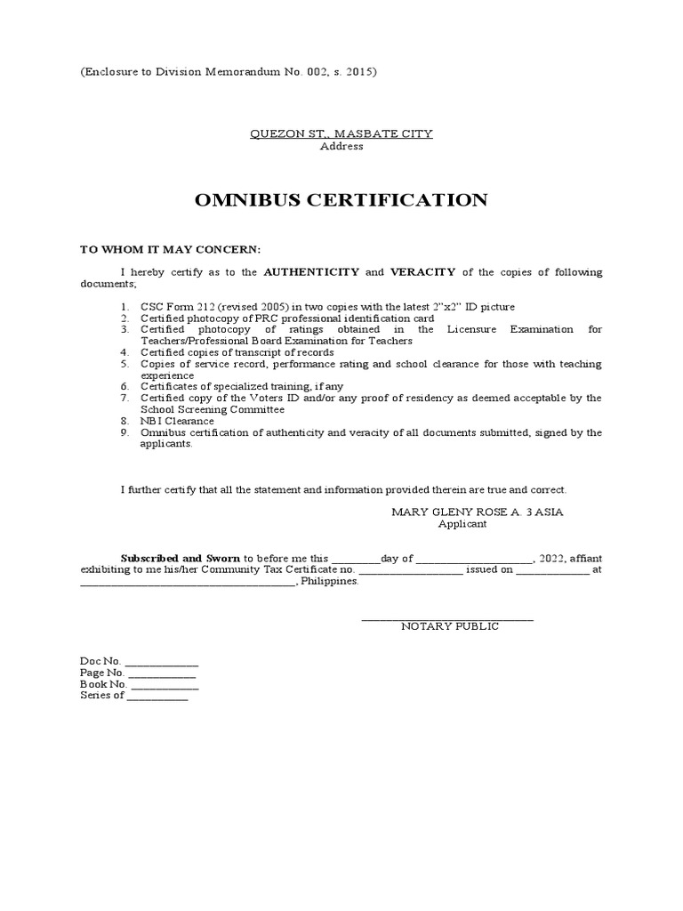 Omnibus Certification 2 | PDF