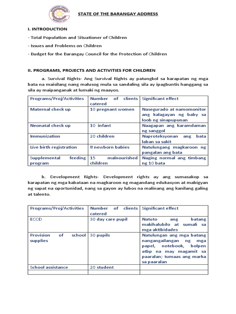 Template For The State of The Barangay Address | PDF