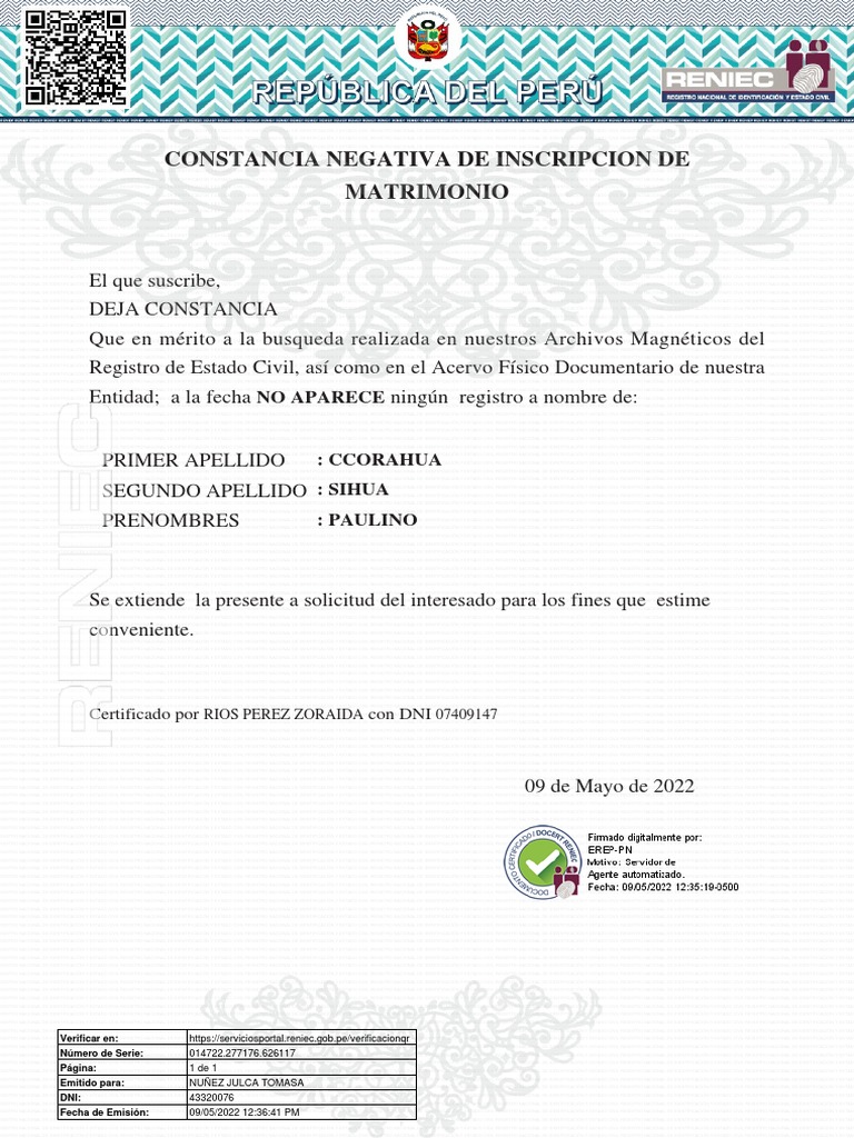 Constancia Negativa de Matrimonio | PDF | Familia | Afecto