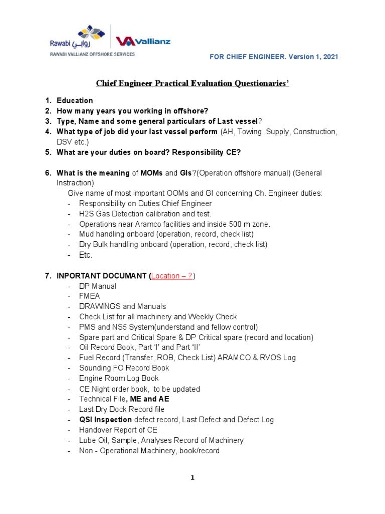Chief Engineer Evaluation Guide | PDF | Mechanical Engineering ...