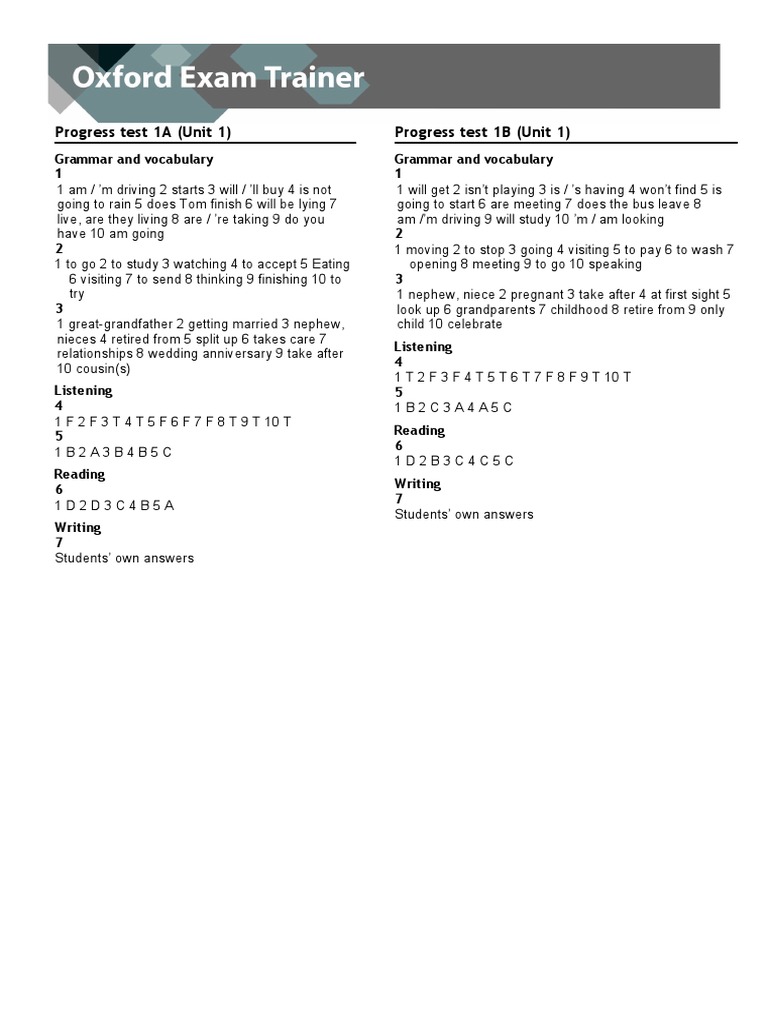 OET B1 Progress Tests Answer Key | PDF