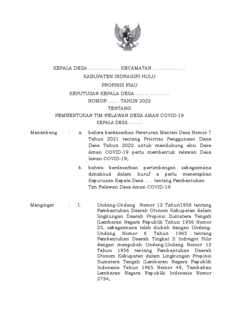 Contoh SK PEMBENTUKAN TIM RELAWAN DESA AMAN COVID-19 | PDF
