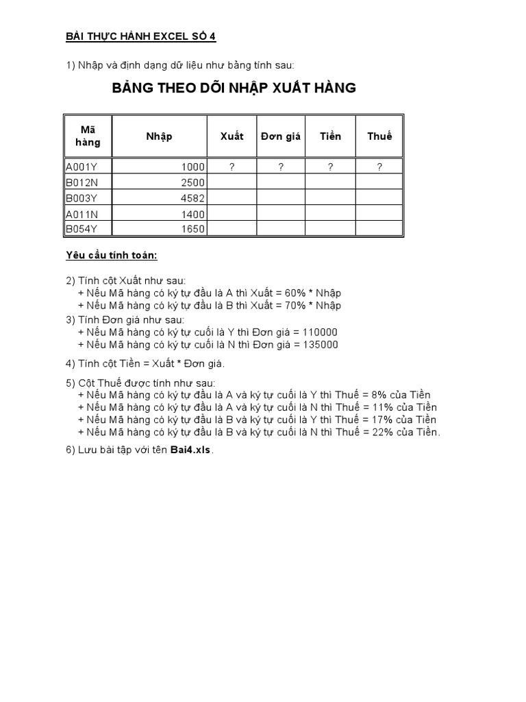 Bai Tap Excel - Bai 4 | PDF