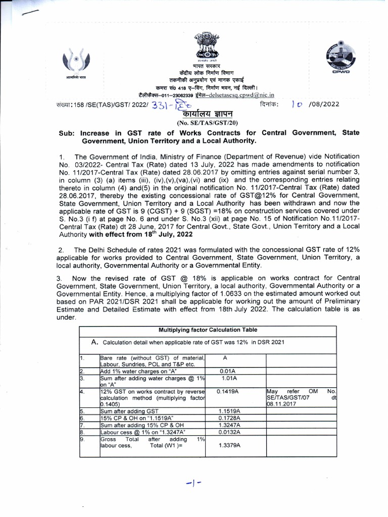 GST OM From 12% To 18% Change 10.08.2022 | PDF