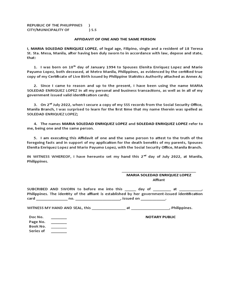 Affidavit of One and The Same Persons | PDF