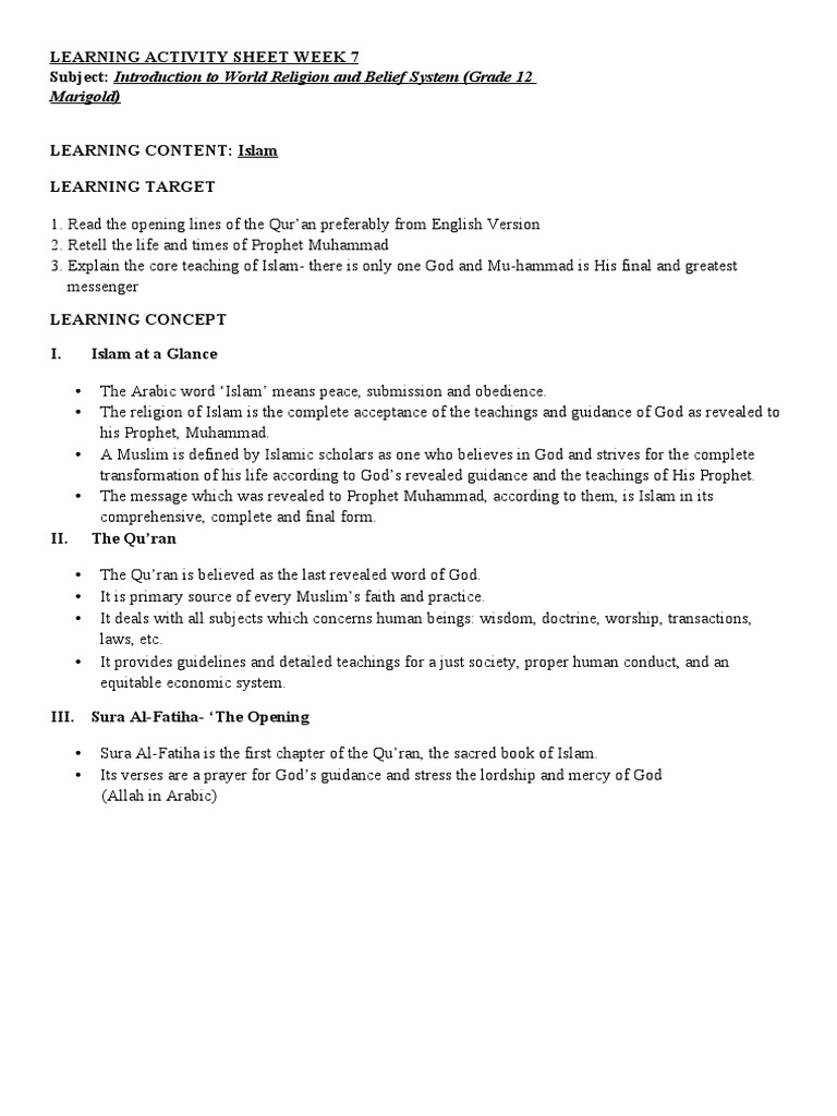 Learning Activity Sheet Week 7 | PDF | Muhammad | Hajj