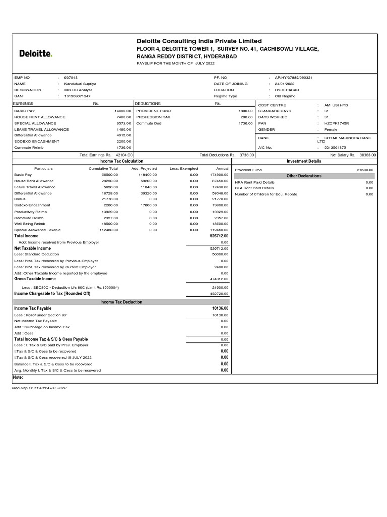 Pay Slip - 607043 - Jul-22 | Download Free PDF | Tax Deduction | Taxes