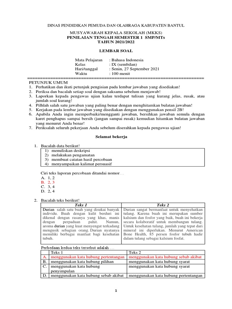 Soal PTS Bindo Sem 1 Kelas 9 | PDF