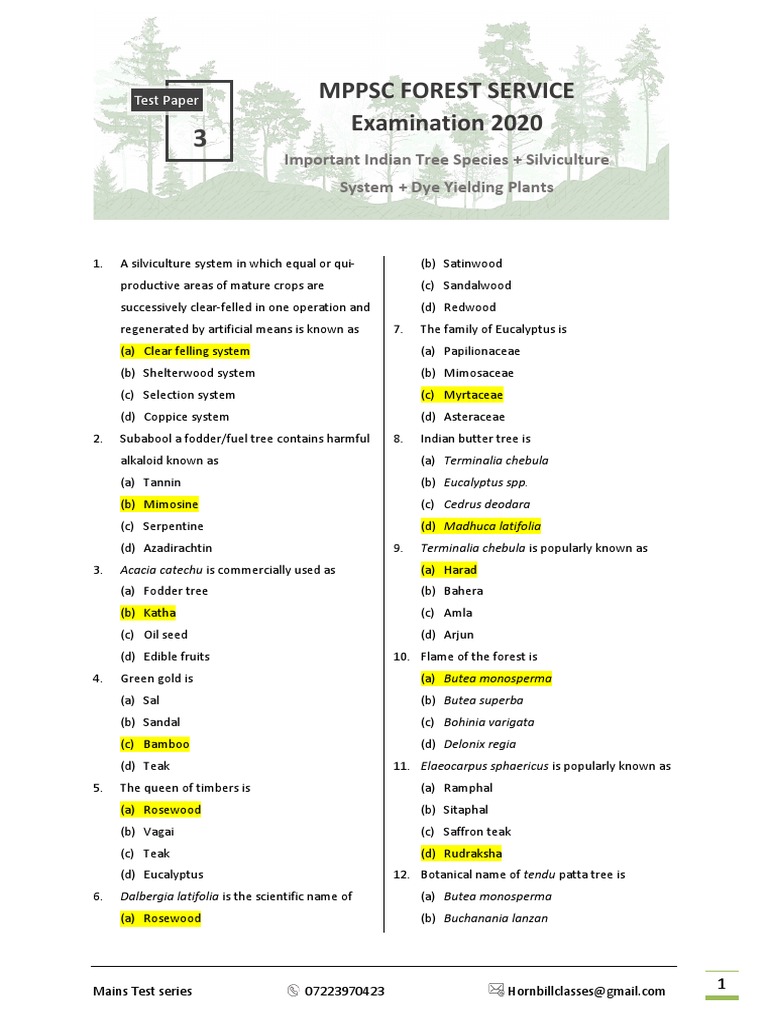 MPPSC Test Paper 3 (English, Original) 22-05-2022 | PDF | Trees | Plants