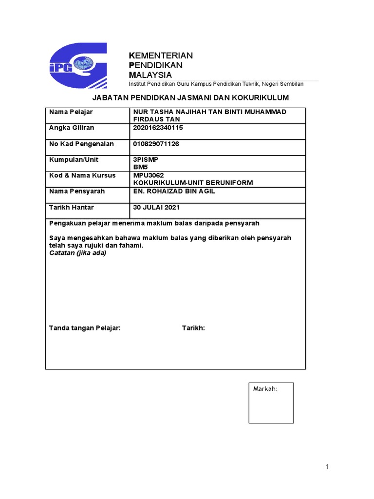 Nur Tasha Najihah Tan Bt. Muhd Firdaus Tan-3 Pismp BM5-KK1 Mpu3062-2020162340115 | PDF