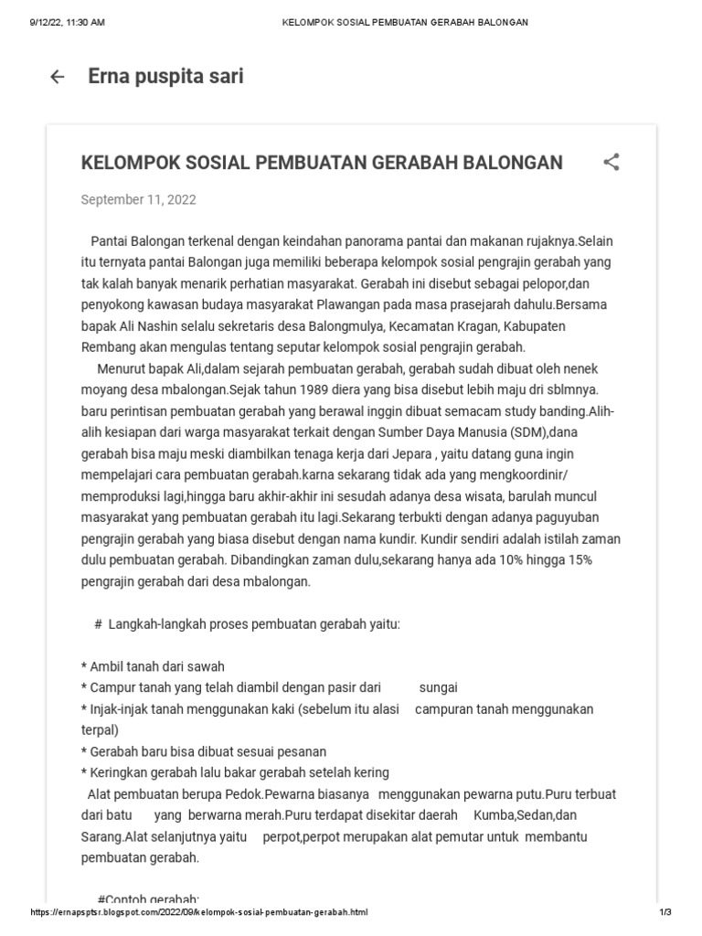 Erna Puspita Sari-Xl Ips 2-Kelompok Sosial Pembuatan Gerabah Balongan | PDF