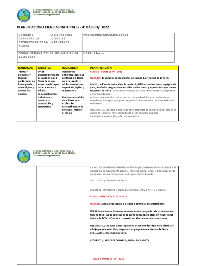 Planificación Ciencias Naturales 4° Básico | PDF | Tierra | Lápiz