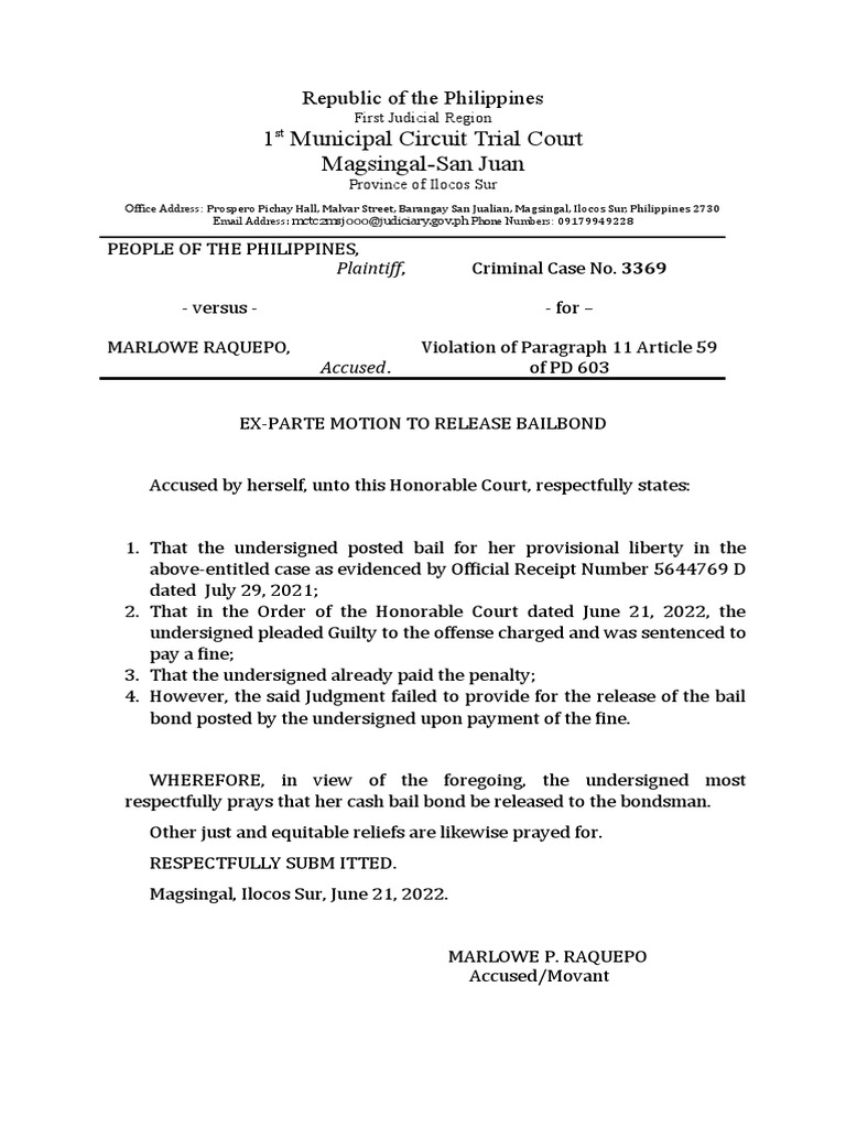 Ex-Parte Motion To Release Bail | PDF