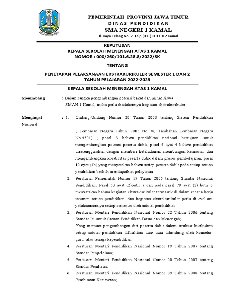 Surat KEPUTUSAN Ekstrakurikuler 2022 | PDF