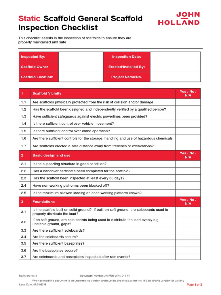 Static Scaffold General Inspection Checklist | PDF | Scaffolding ...